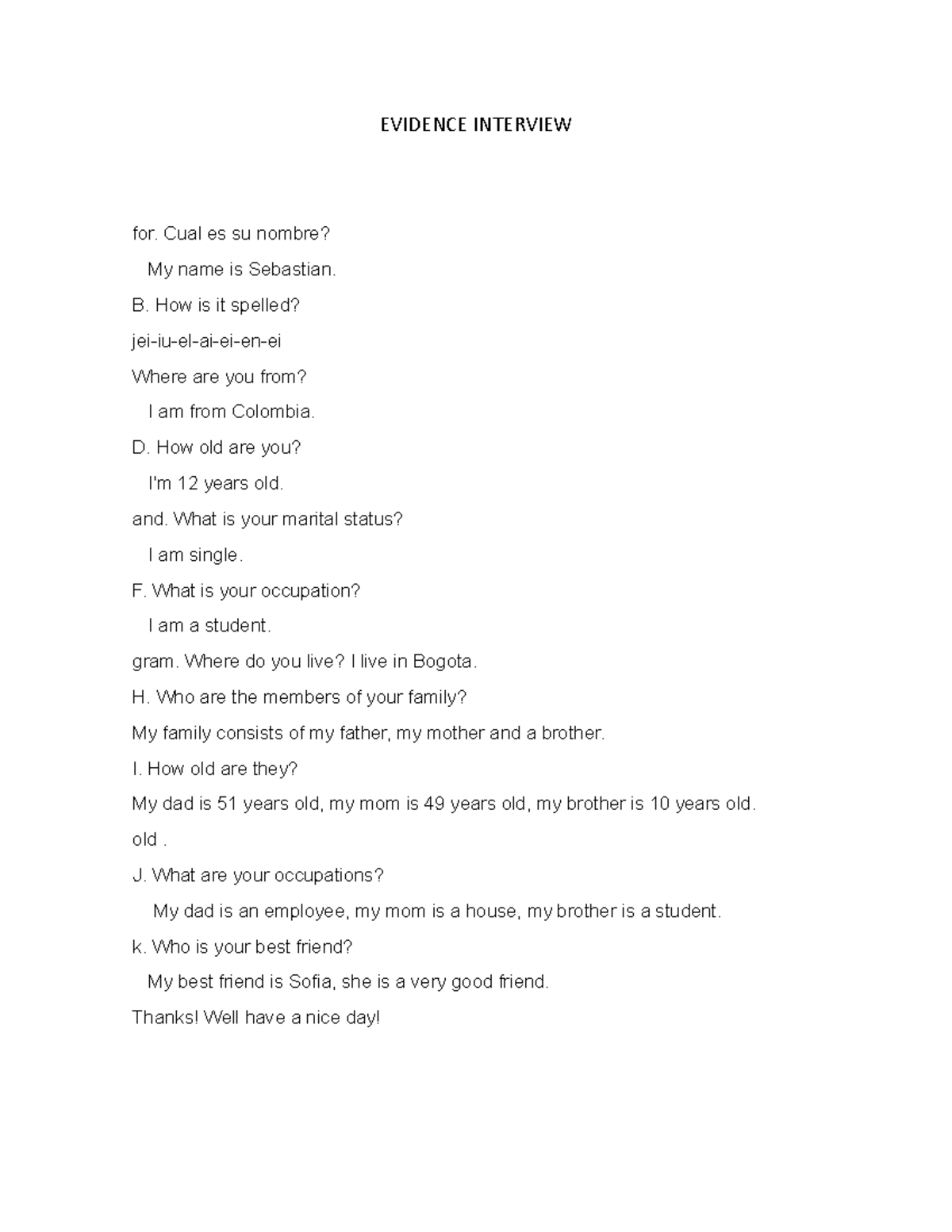 Evidence Interview activity - EVIDENCE INTERVIEW for. Cual es su nombre ...