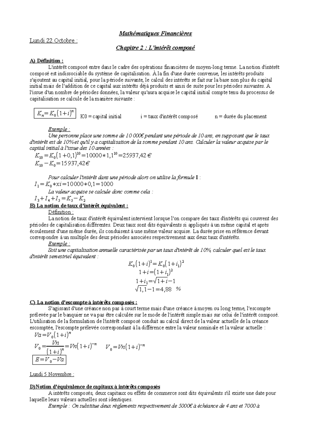 Maths Financière Chapitre 2 - Mathématiques Financières Lundi 22 ...