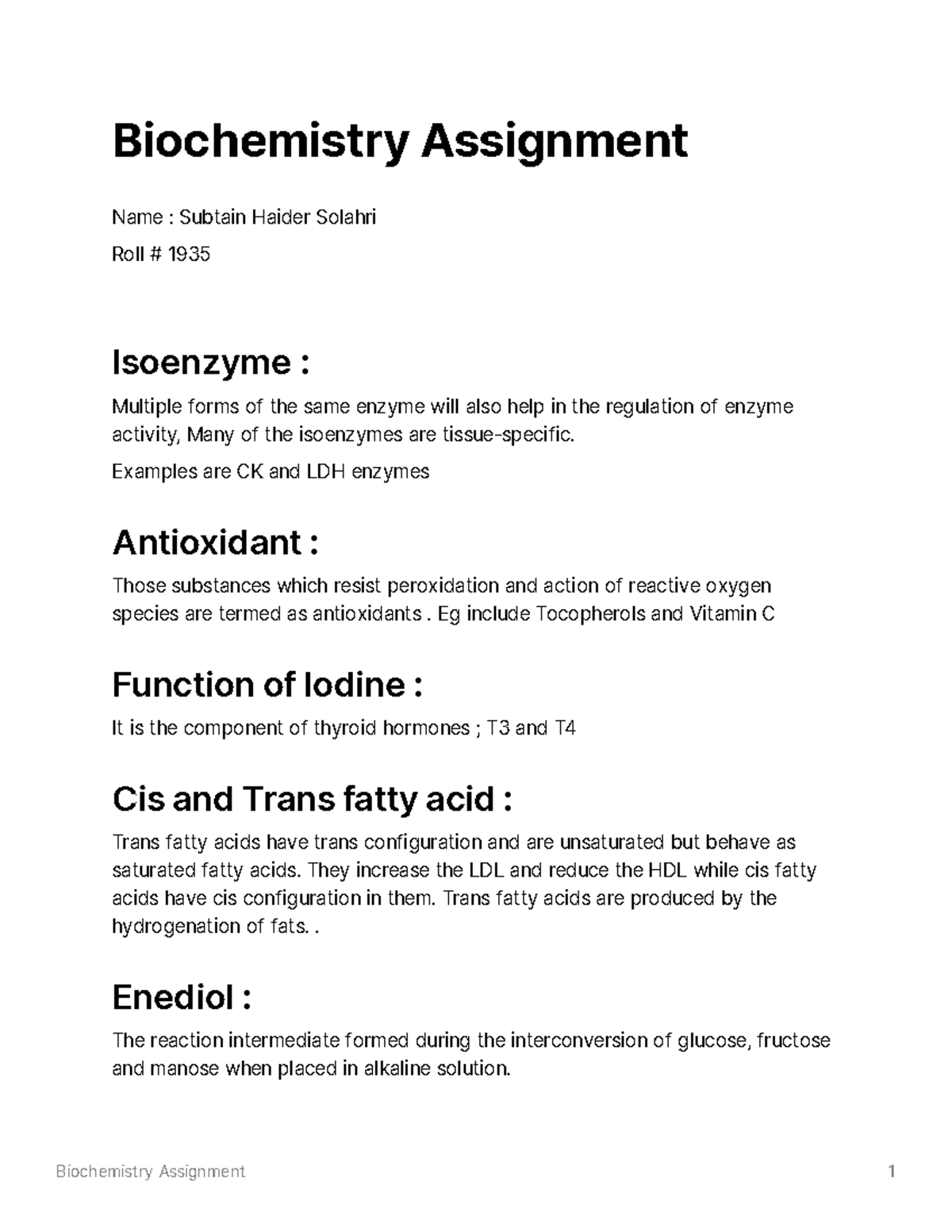 Biochemistry Assignment - Examples are CK and LDH enzymes Antioxidant ...