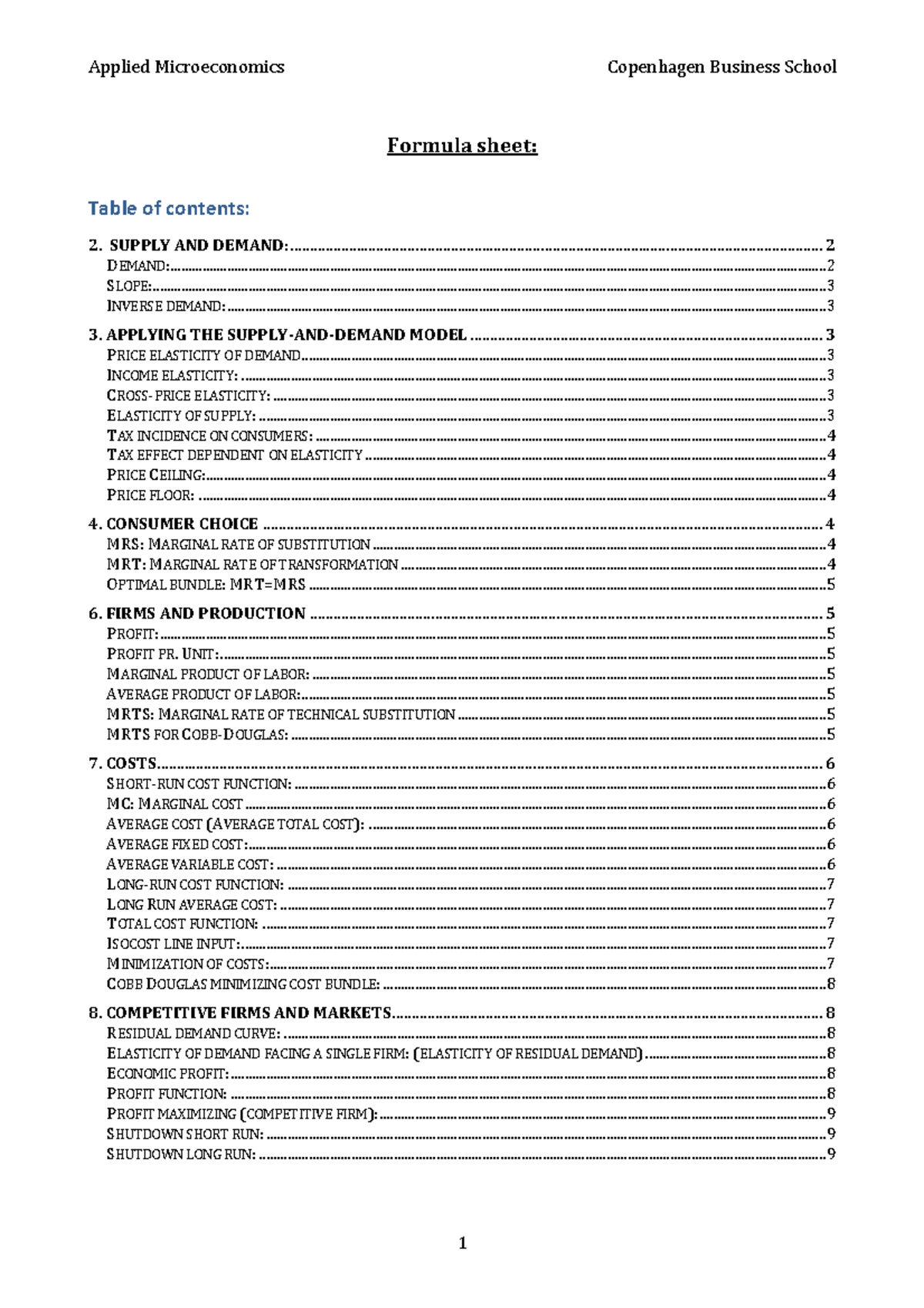 Micro Formula Sheet 1 - Warning: TT: undefined function: 32 Formula sheet: 2. Supply and demand ...