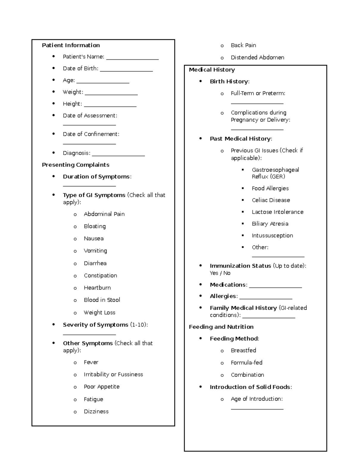 Pedia Gastro WARD Checklist - Patient Information Patient's Name ...