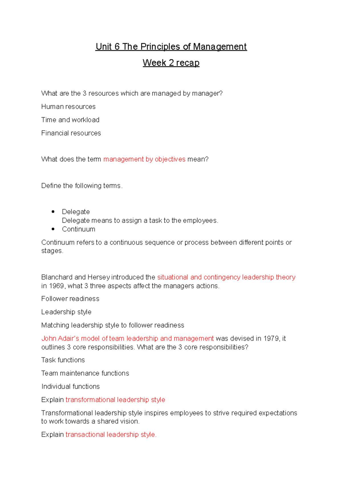 Recap Task Sheet - Unit 6 The Principles of Management Week 2 recap ...