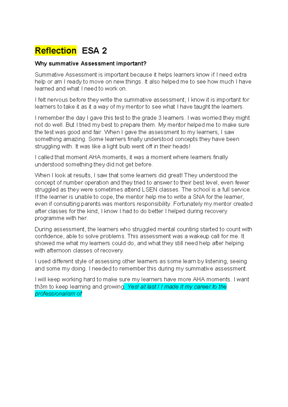 Reflection ESA 2 085801 - Reflection ESA 2 Why summative Assessment ...