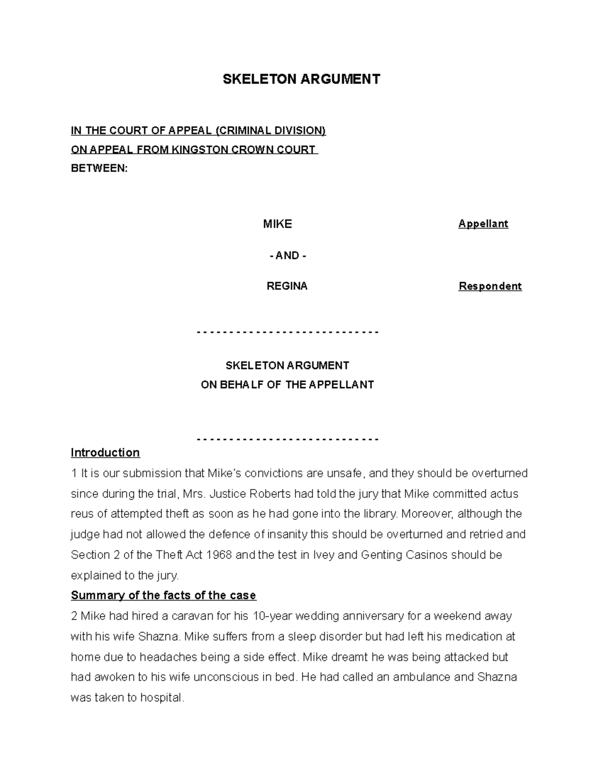 Skeleton Argument Template SKELETON ARGUMENT IN THE COURT OF APPEAL