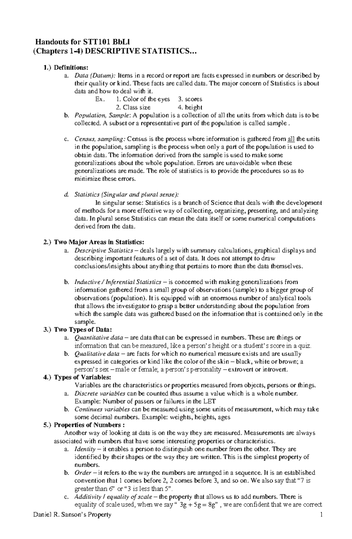 1 4 Descriptive Statistics - Handouts for STT101 BbLl (Chapters 1-4 ...