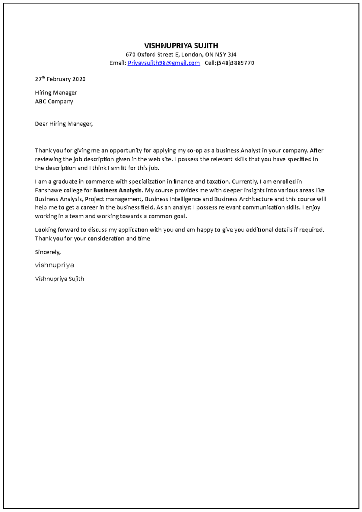Vishnupriya sujith resume and cover letter coop final - VISHNUPRIYA ...