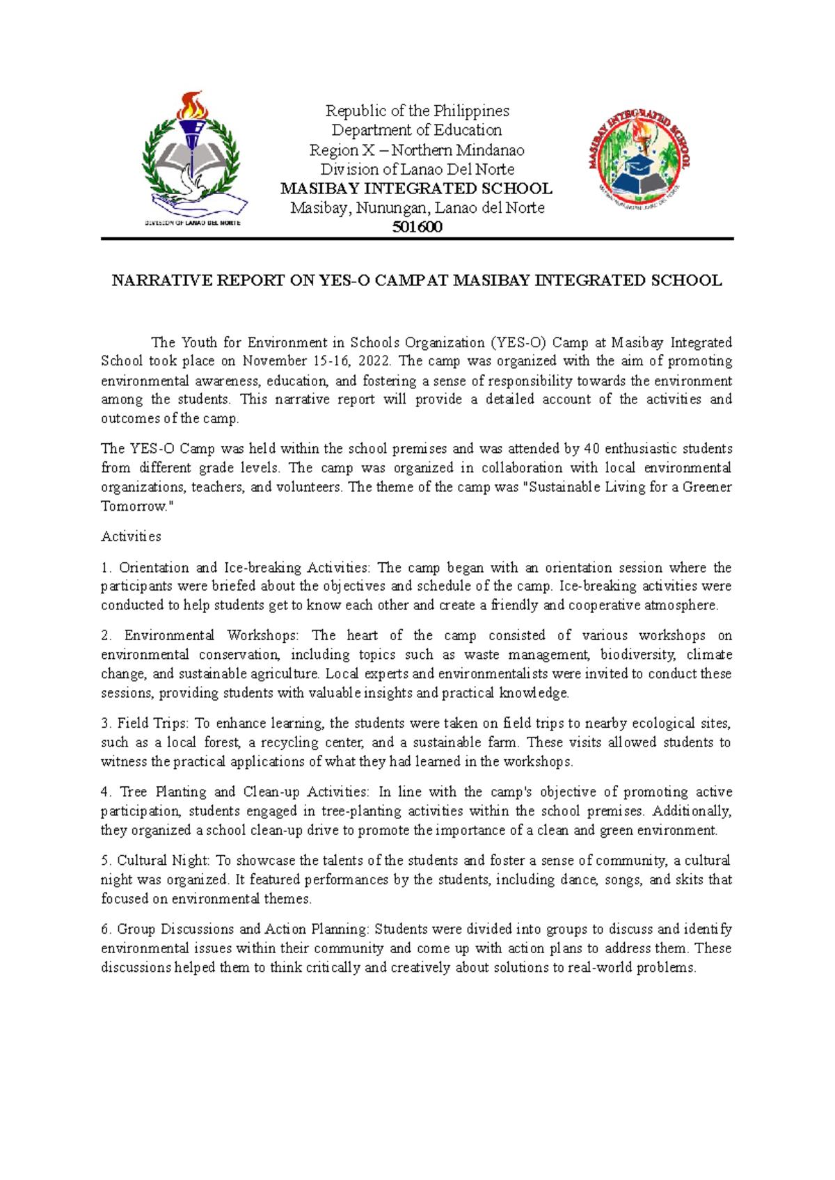 Accomplishment Report on YES-O Camp - Republic of the Philippines ...