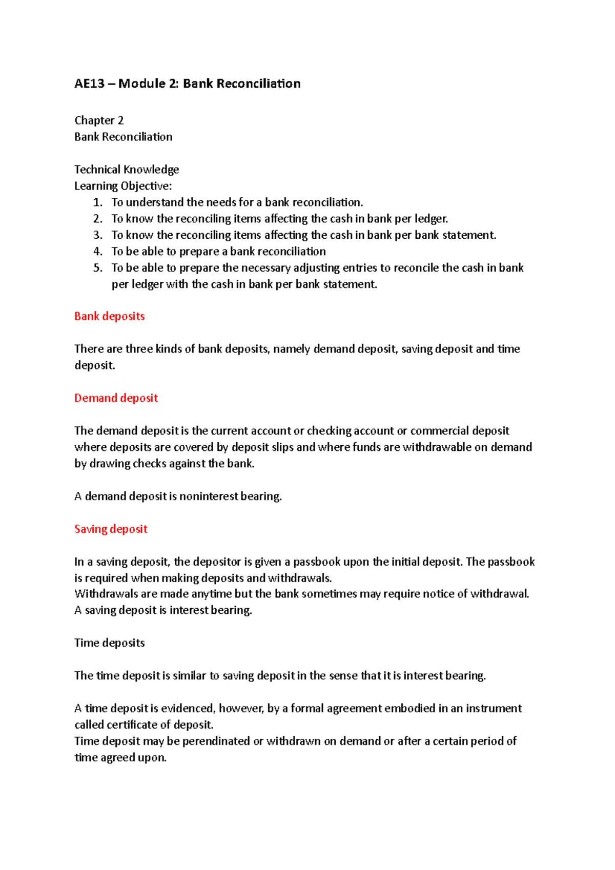 AE13 Module 2 Bank Reconciliation - AE13 – Module 2: Bank Reconciliation Chapter 2 Bank - Studocu