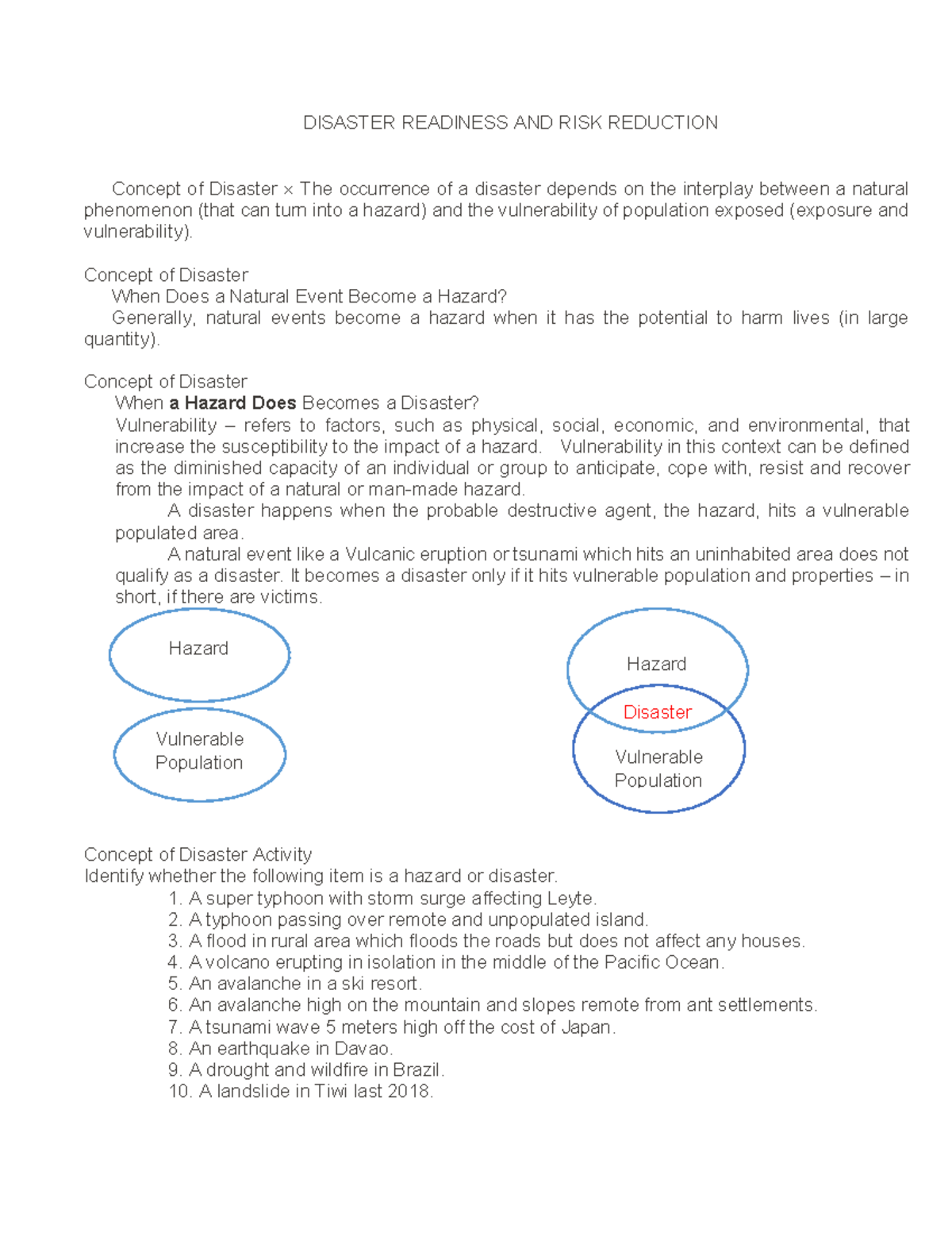 Week 1 Disaster Readiness AND RISK Reduction - DISASTER READINESS AND ...
