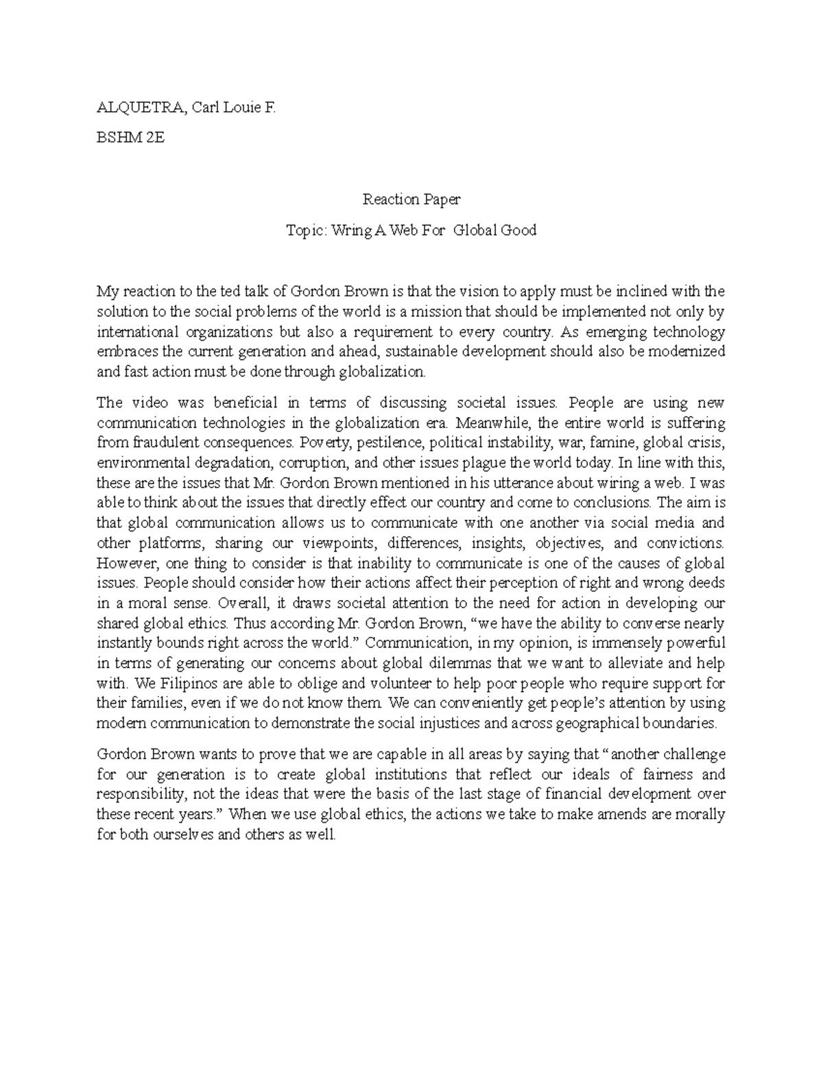 Reaction Paper - Essay - ALQUETRA, Carl Louie F. BSHM 2E Reaction Paper ...