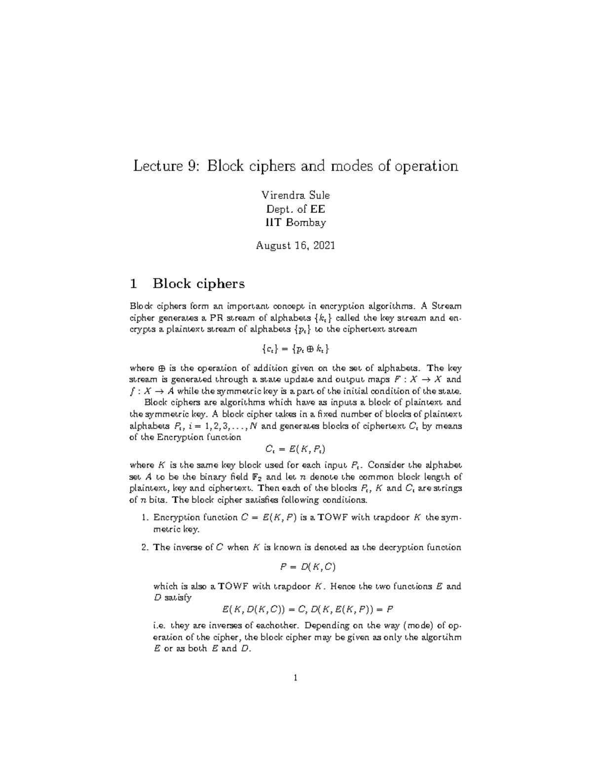 Ee720 Lecture 9 Block Cipher Modes Lecture 9 Block Ciphers And Modes Of Operation Virendra 