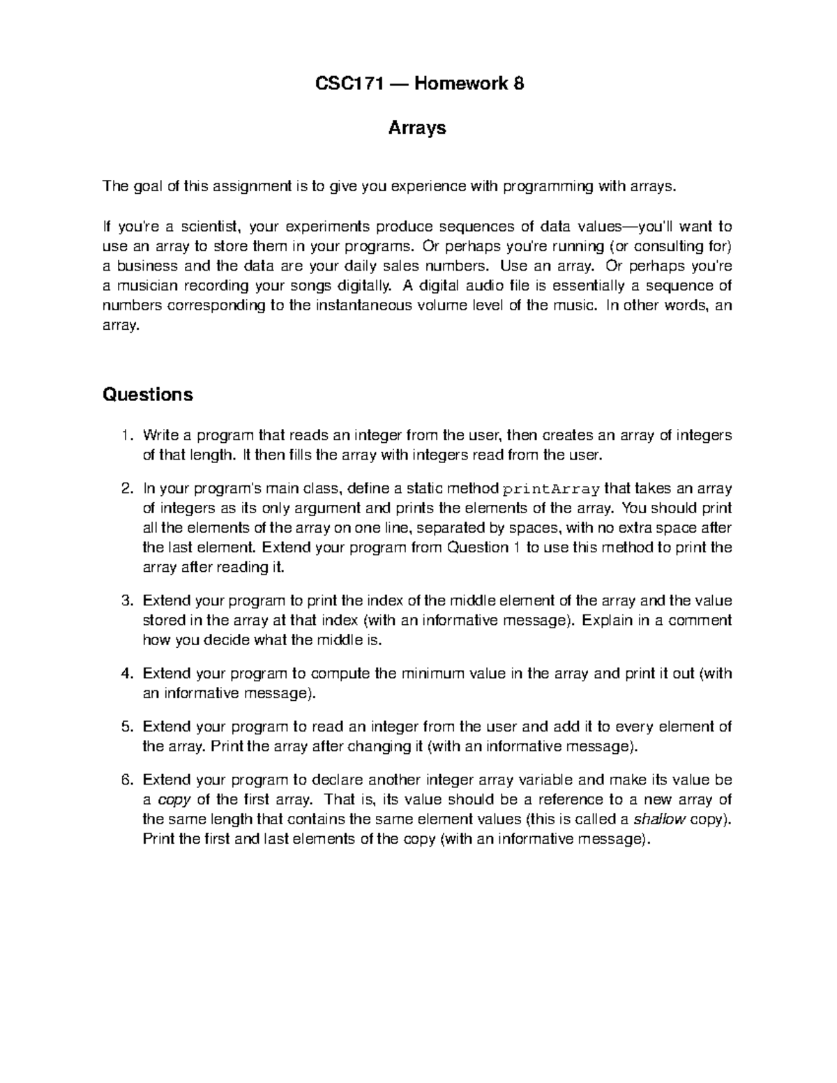 CSC171 Homework 08 - CSC171 — Homework 8 Arrays The goal of this ...