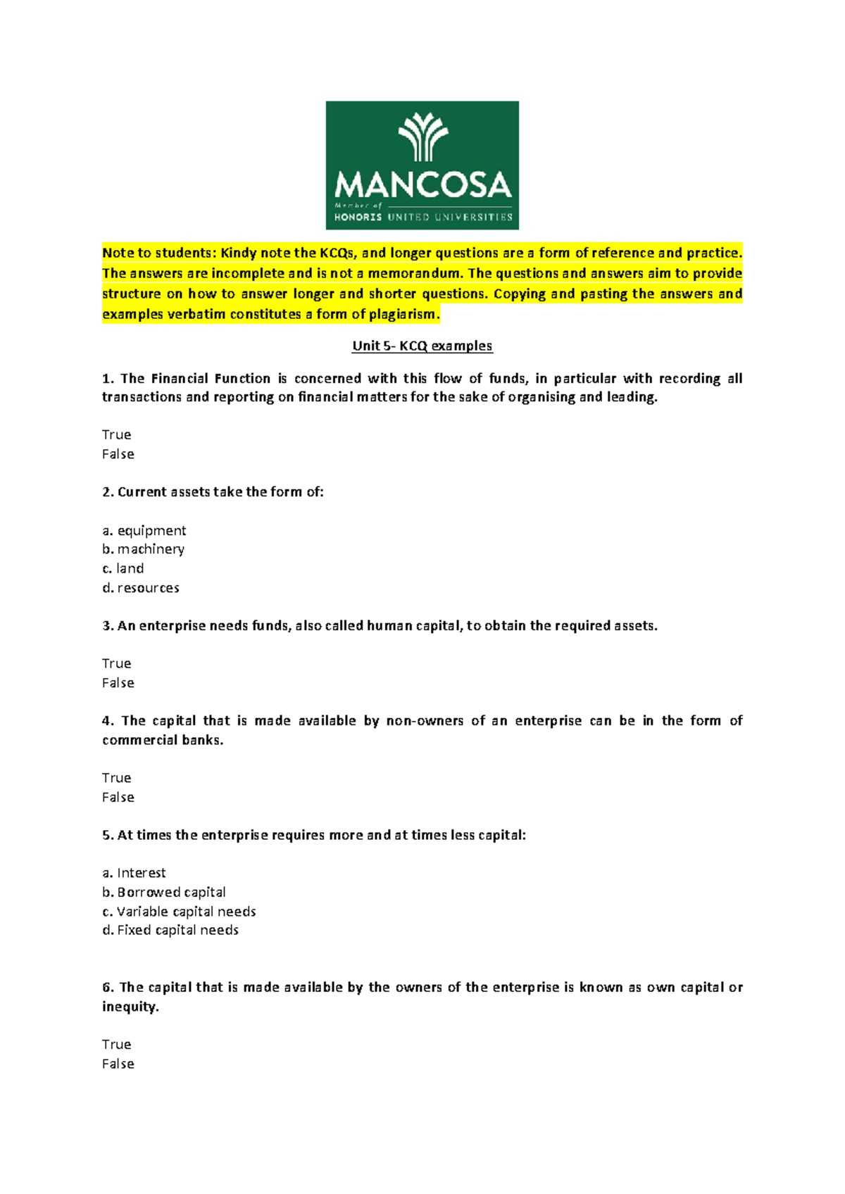 Unit 5 - study material - Note to students: Kindy note the KCQs, and ...