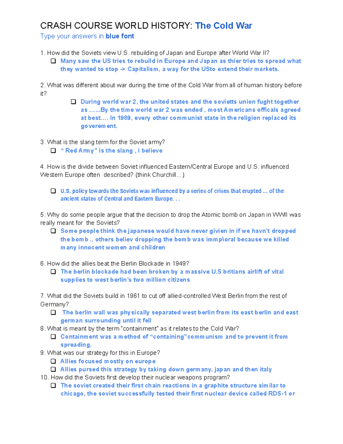 Copy of CC Cold War Questions - CRASH COURSE WORLD HISTORY: The Cold ...