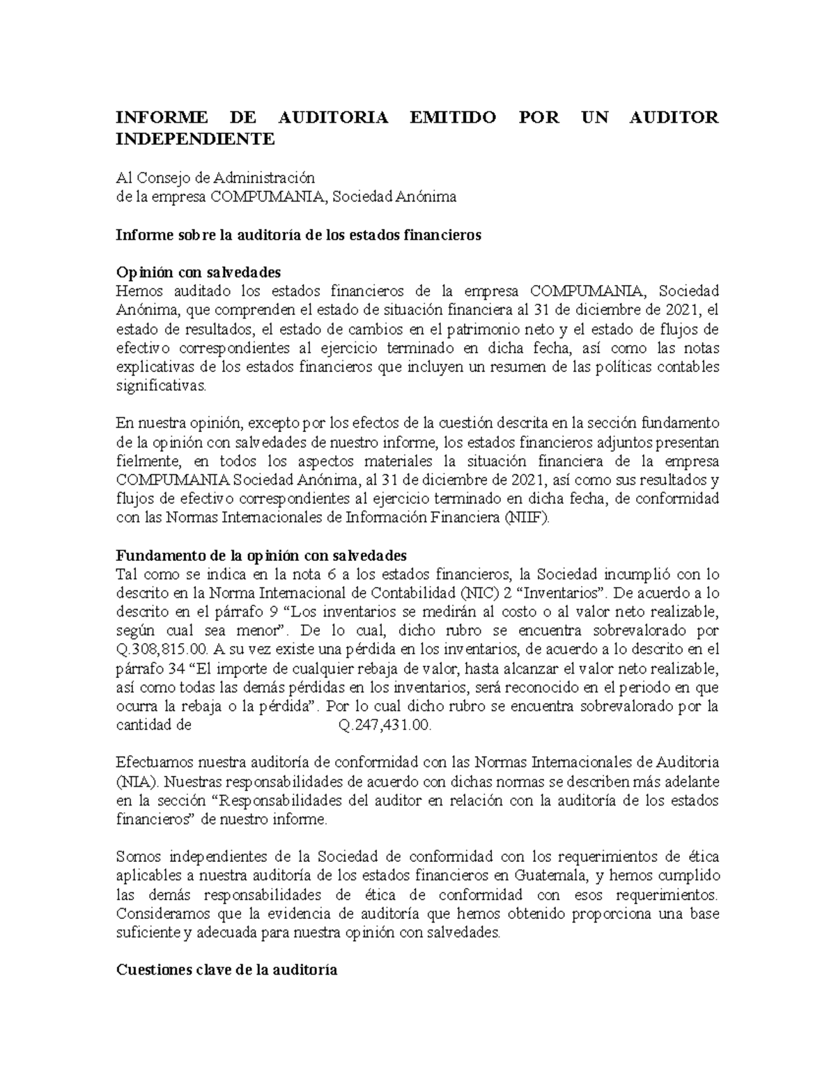 Ejemplo de informe de auditor indendiente salvedad por materialidad - INFORME DE AUDITORIA ...