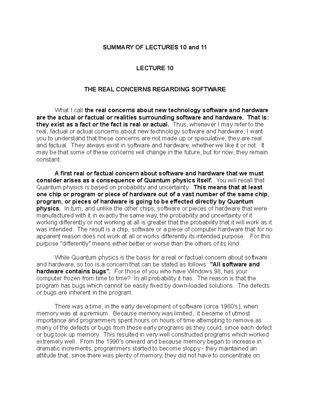 Lectures 10 and 11-1 notes - SUMMARY OF LECTURES 10 and 11 LECTURE 10 ...