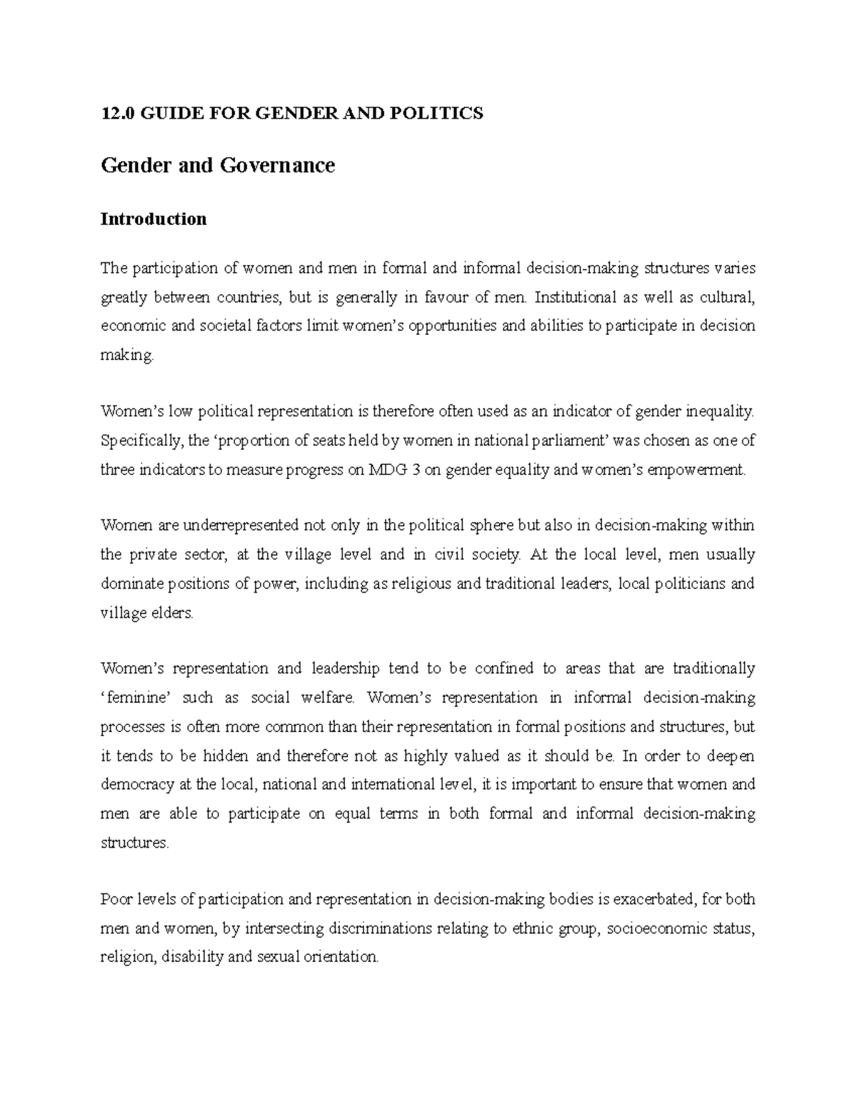 UCC 203 Gender and politics - 12 GUIDE FOR GENDER AND POLITICS Gender ...