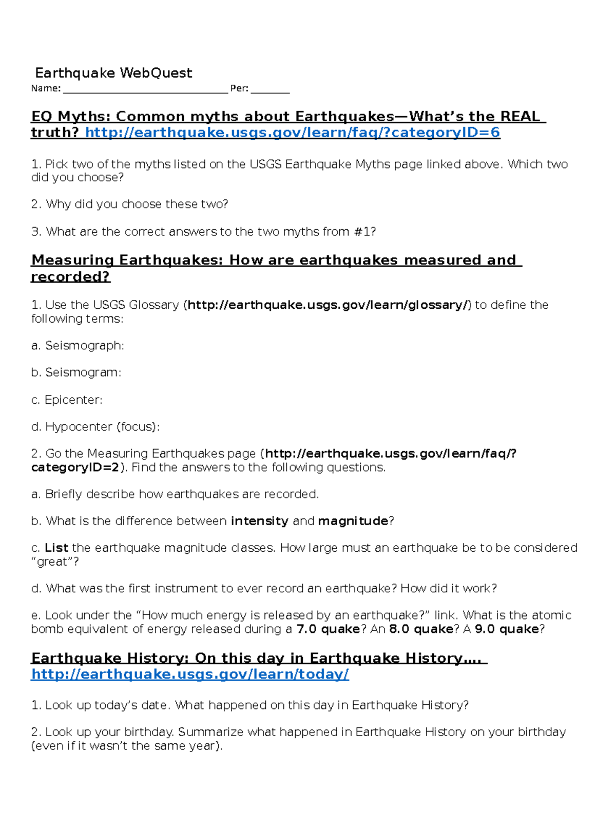 Earthquake webquest - Earthquake WebQuest Name ...