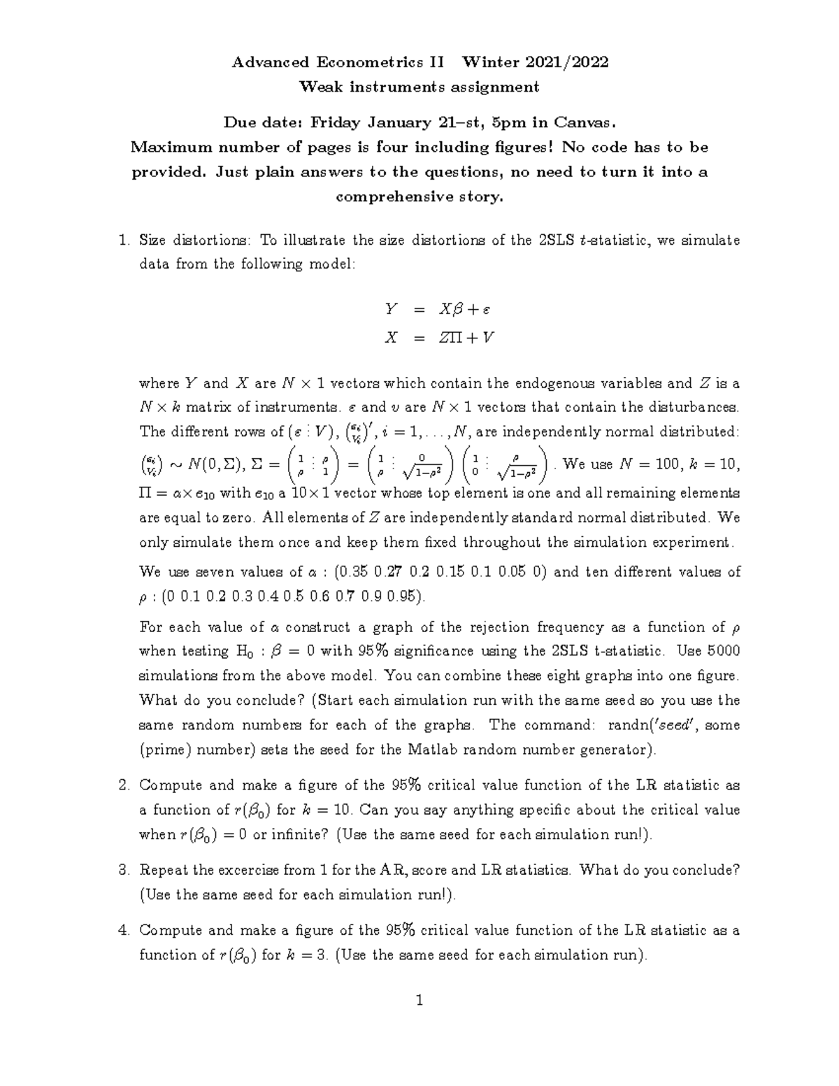 Assignment week 2 2022 - Advanced Econometrics II Winter 2021/ Weak instruments assignment Due ...
