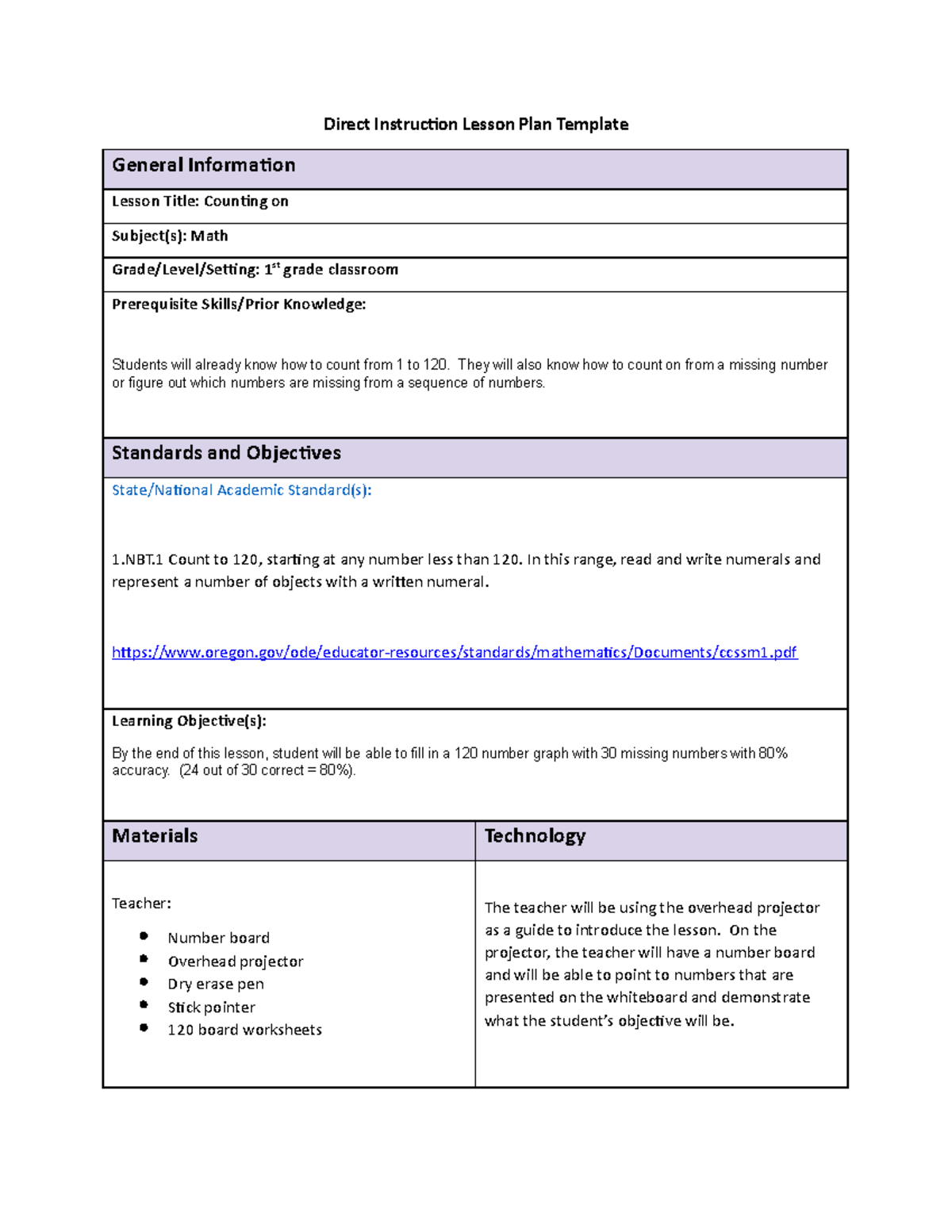 C109 lesson plan - Direct Instruction Lesson Plan Template General ...