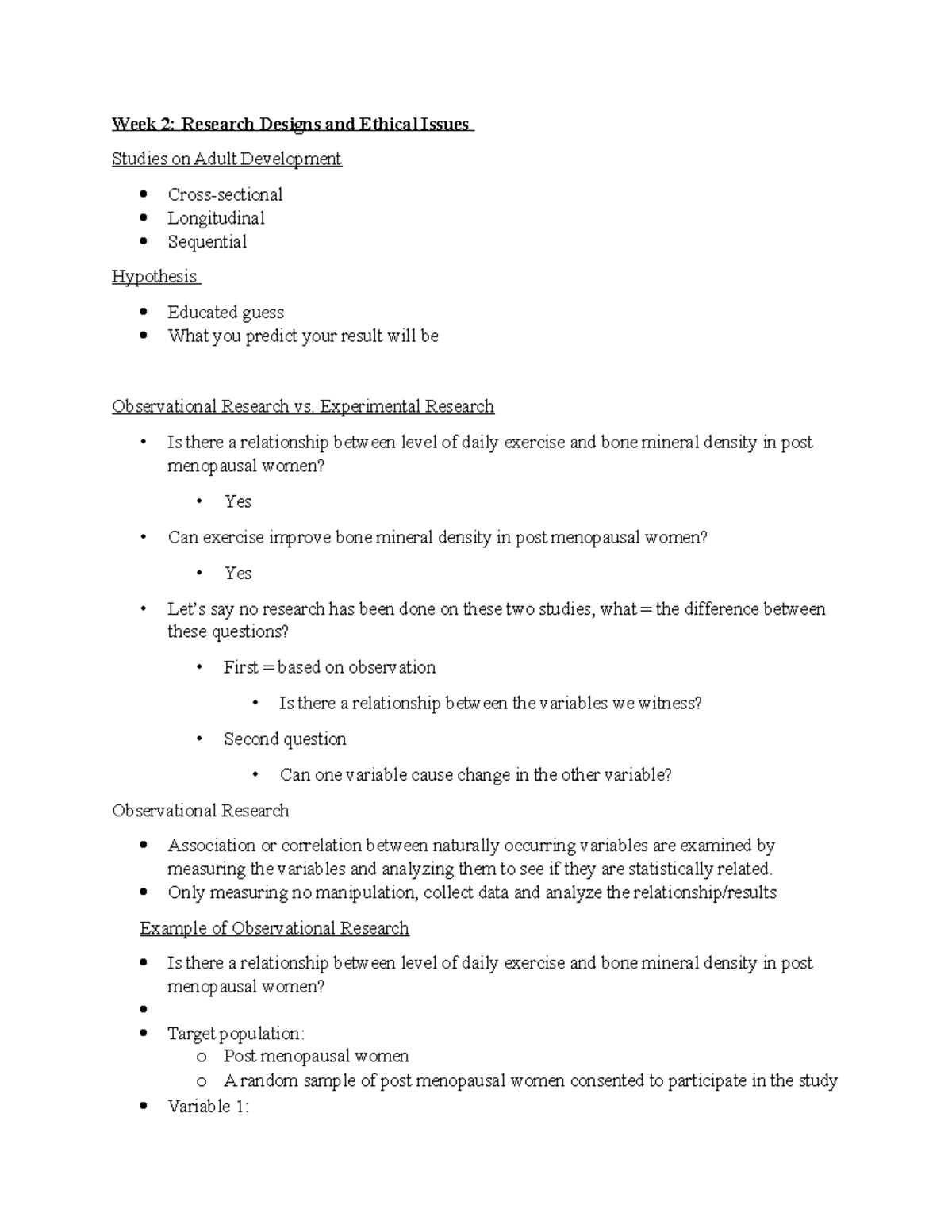 Week 2 - Notes from class - Week 2: Research Designs and Ethical Issues ...
