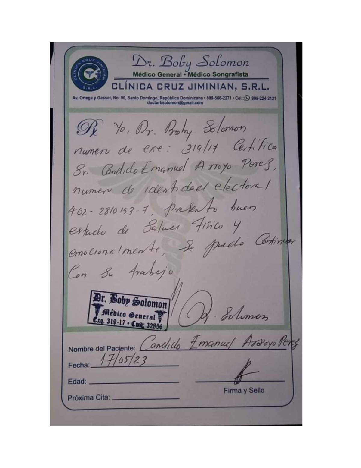 Certificado de salud - CRUZ G Dr. Bo SoLomon Médico General Médico Songrafista S.R. CLÍNICA CRUZ ...