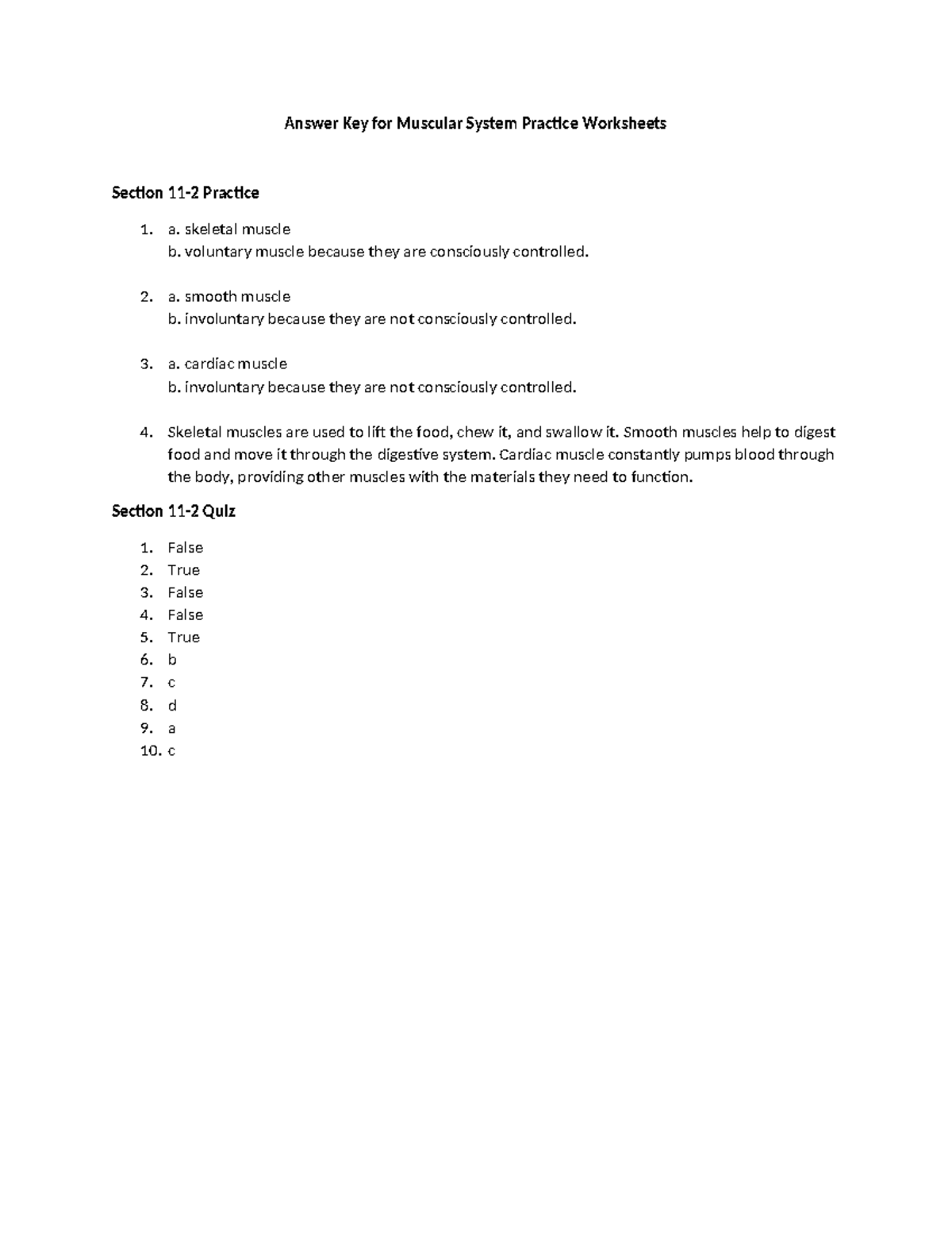 Answer Key for Muscular System Practice Worksheets - skeletal muscle b ...
