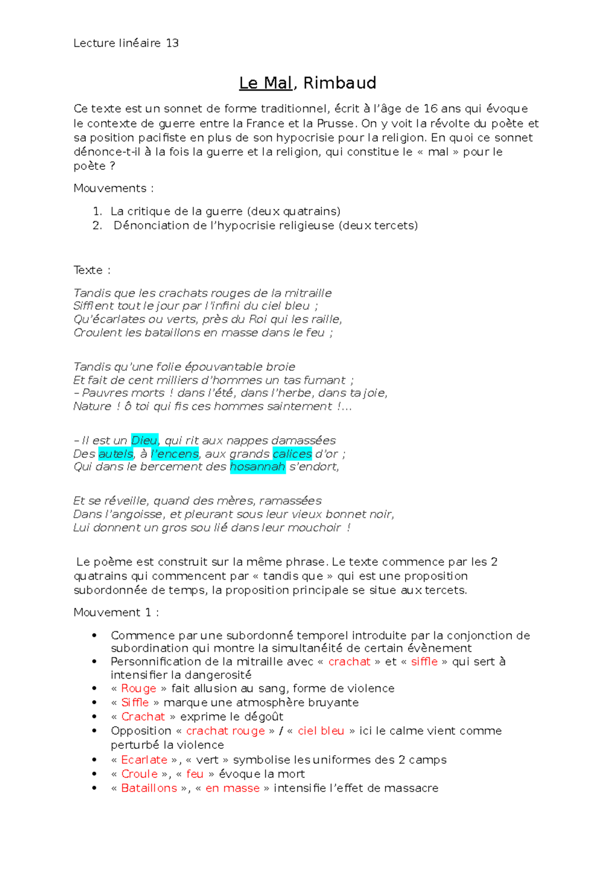 Le mal lecture linéaire - Lecture linéaire 13 Le Mal, Rimbaud Ce texte ...