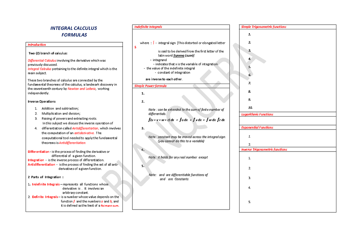 Formula, Integral calculus - BLANQUERA INTEGRAL CALCULUS FORMULAS ...