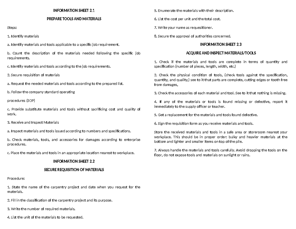 Information sheet - INFORMATION SHEET 2. PREPARE TOOLS AND MATERIALS ...
