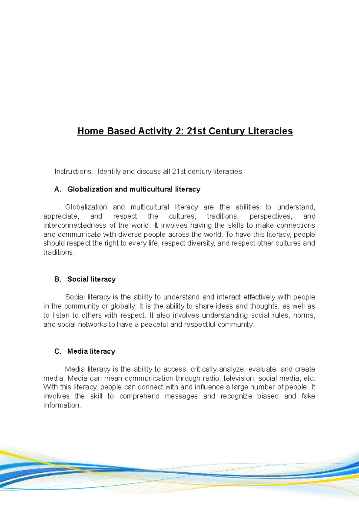3 - 21st century literacies - Home Based Activity 2: 21st Century ...