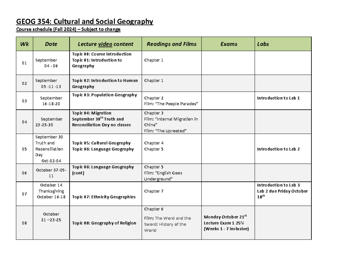 GEOG 354 Schedule F2024 0904 - GEOG 354 : Cultural and Social Geography ...