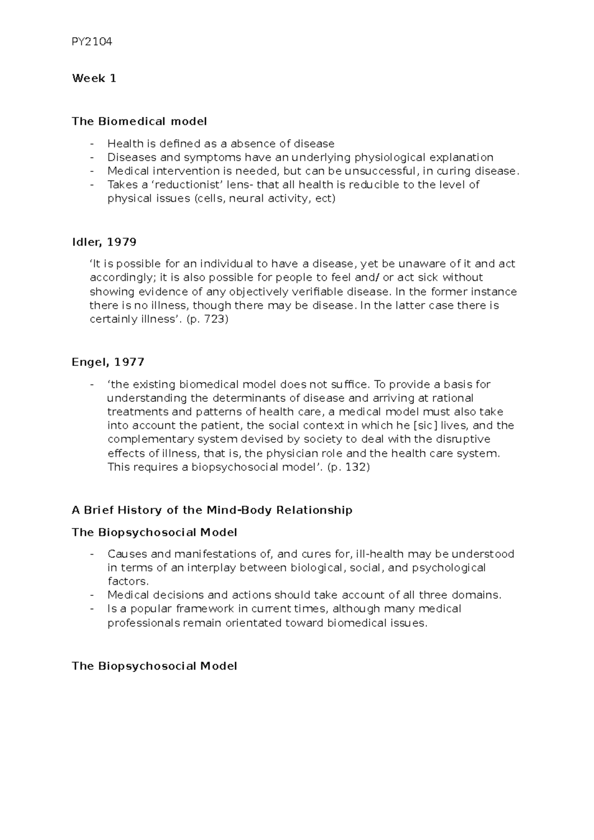 Lecture notes - Week 1 The Biomedical model - Health is defined as a ...