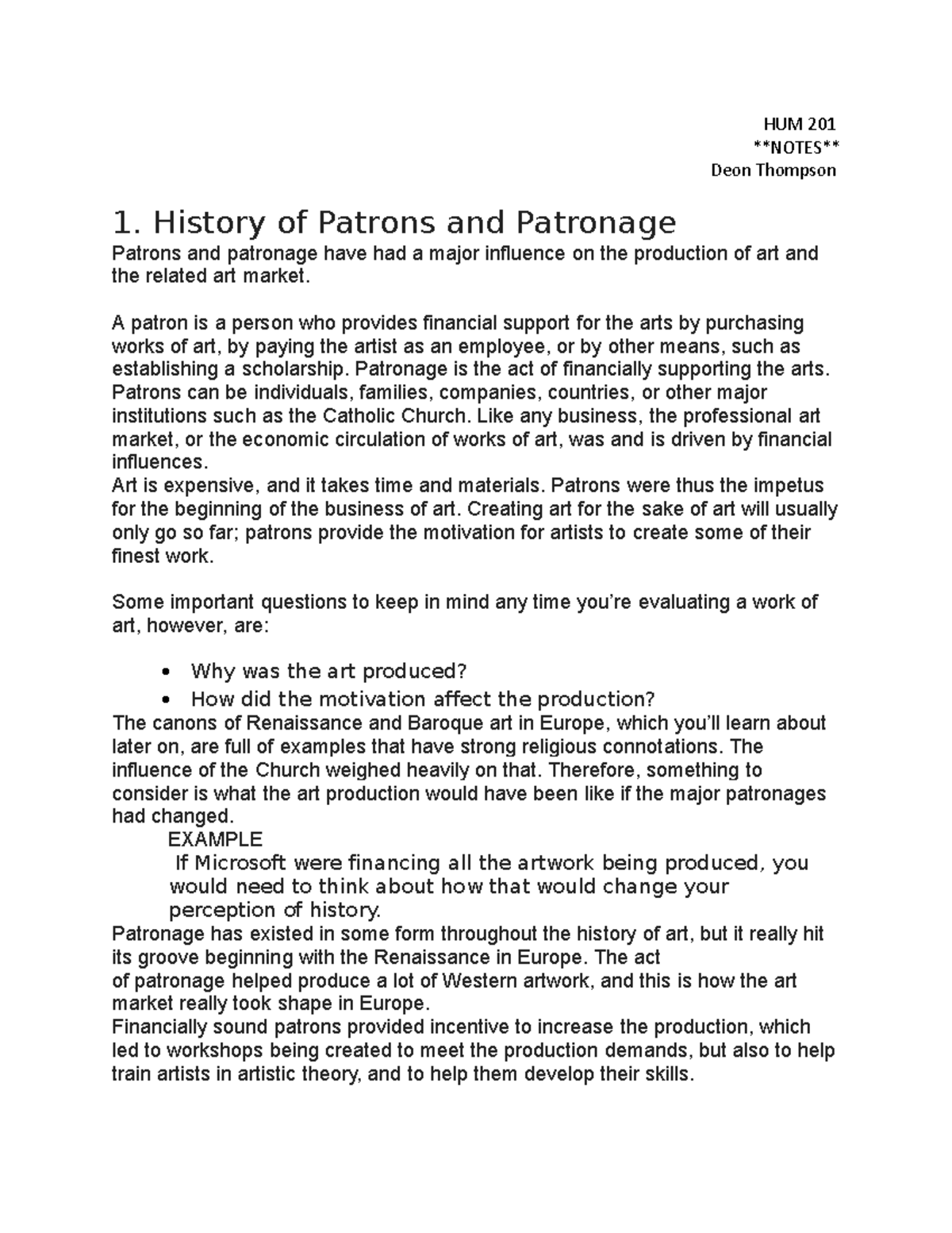 HUM 201 #4 - none - HUM 201 NOTES Deon Thompson 1. History of Patrons ...
