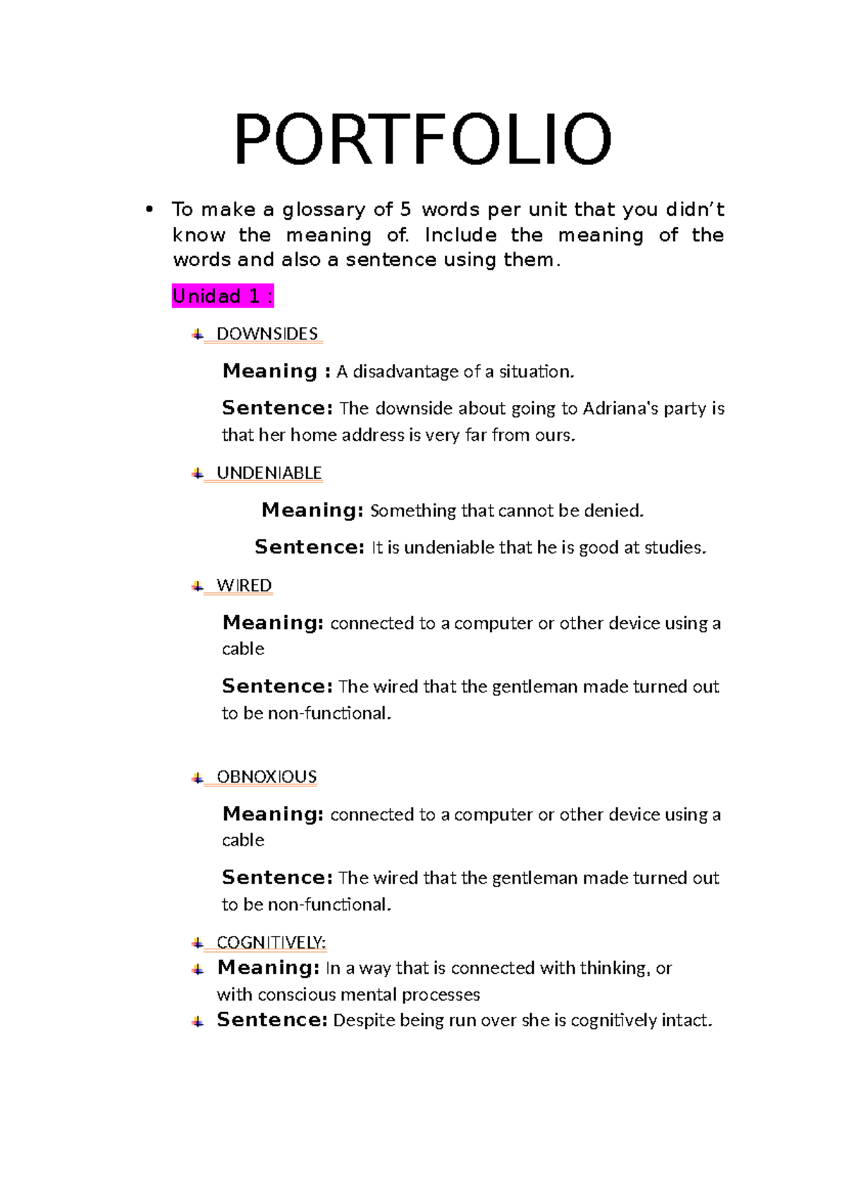 Portfolio 1 - PORTFOLIO To make a glossary of 5 words per unit that you ...