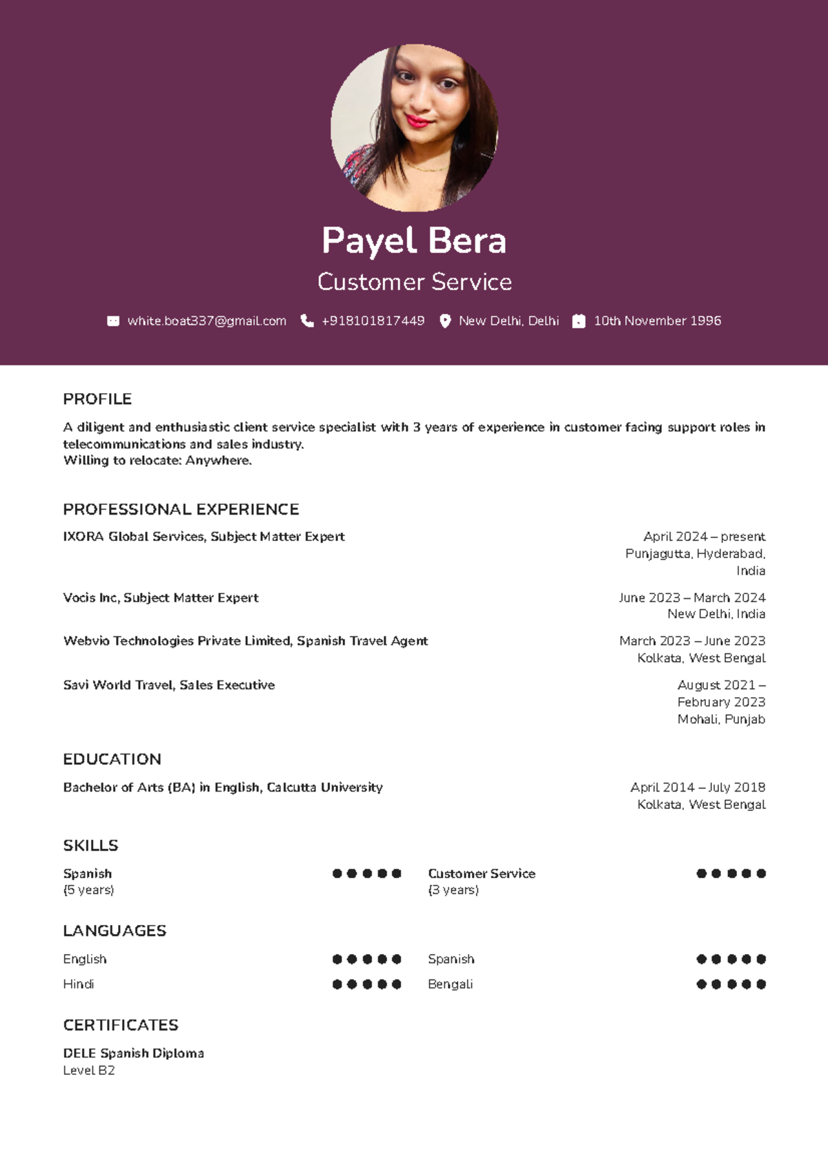 Payel Bera Flow CV Resume 20240714 1 - Payel Bera Customer Service white@gmail +918101817449 New ...