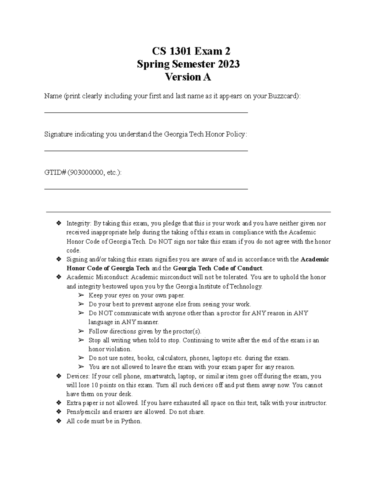 Exam 2 Spring 2023 Cs 1301 Exam 2 Spring Semester 2023 Version A Name