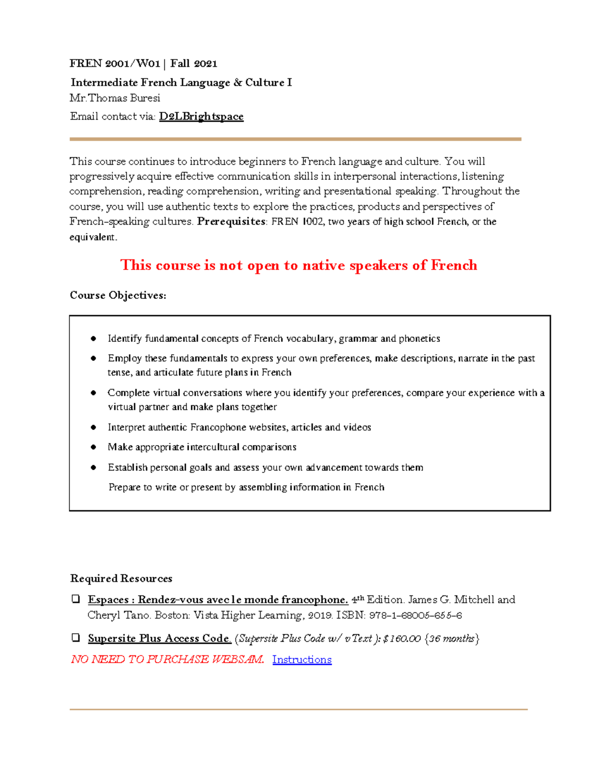Syllabus FR 2001 Online Fall 2021 - FREN 2001/W01| Fall 2021 ...