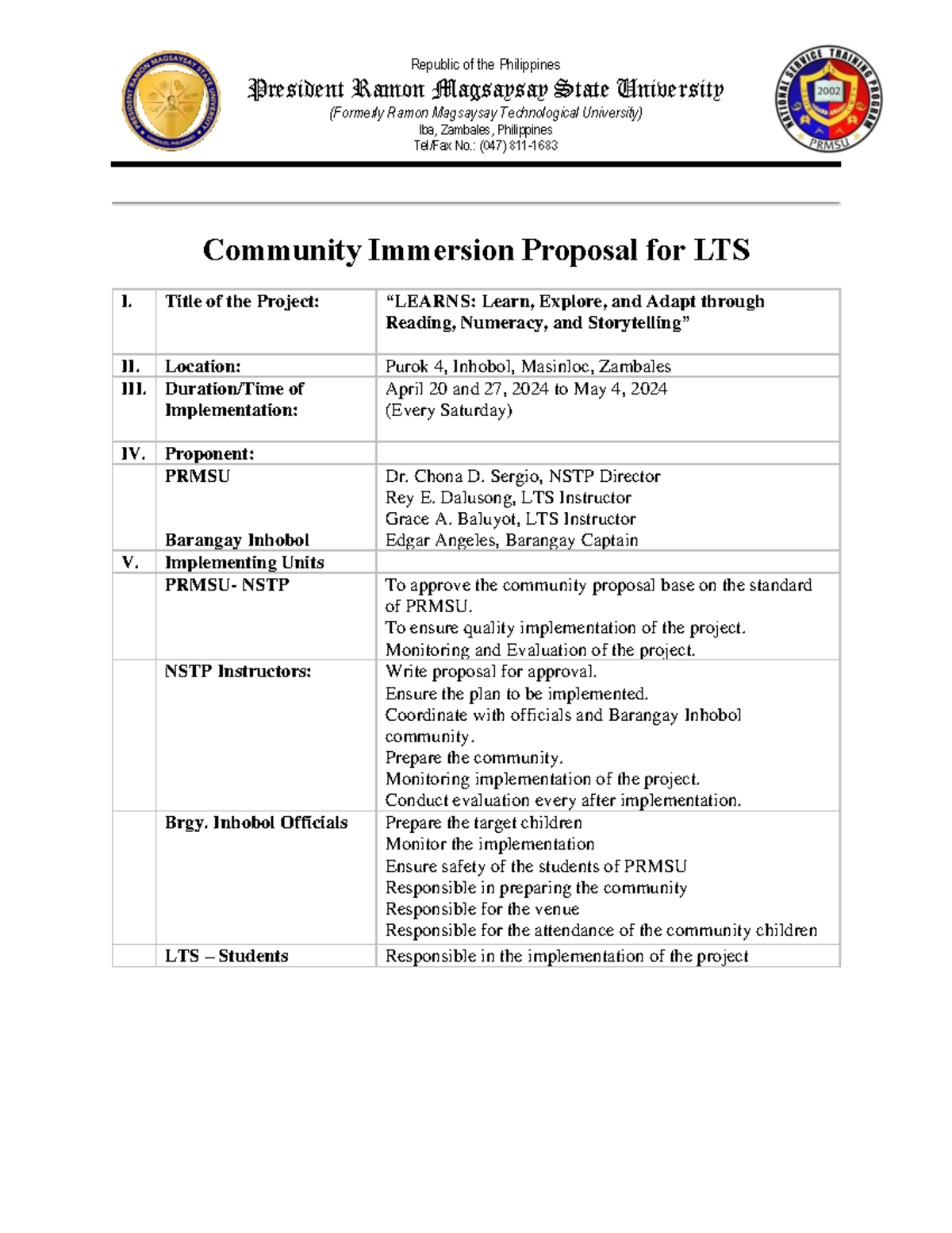 Community Immersion Proposal for LTS - President Ramon Magsaysay State ...