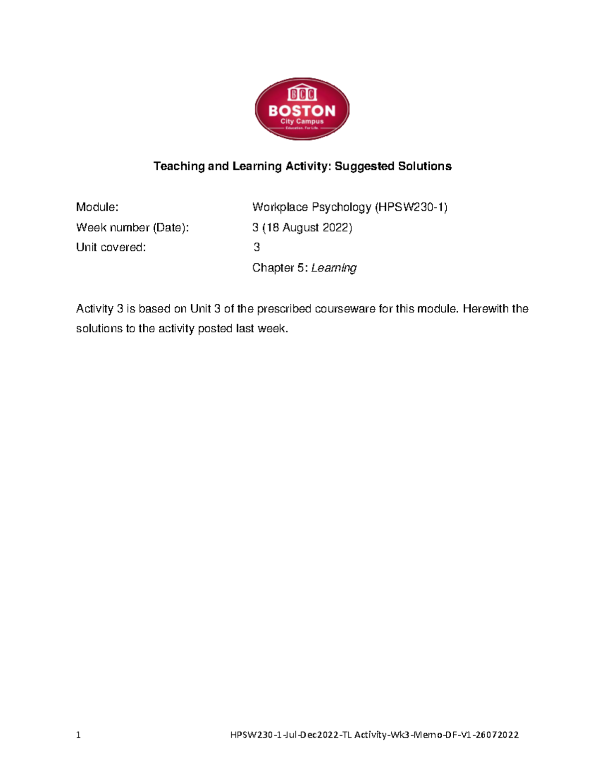 HPSW230-1 Activity Memo-Wk3 - Teaching and Learning Activity: Suggested ...