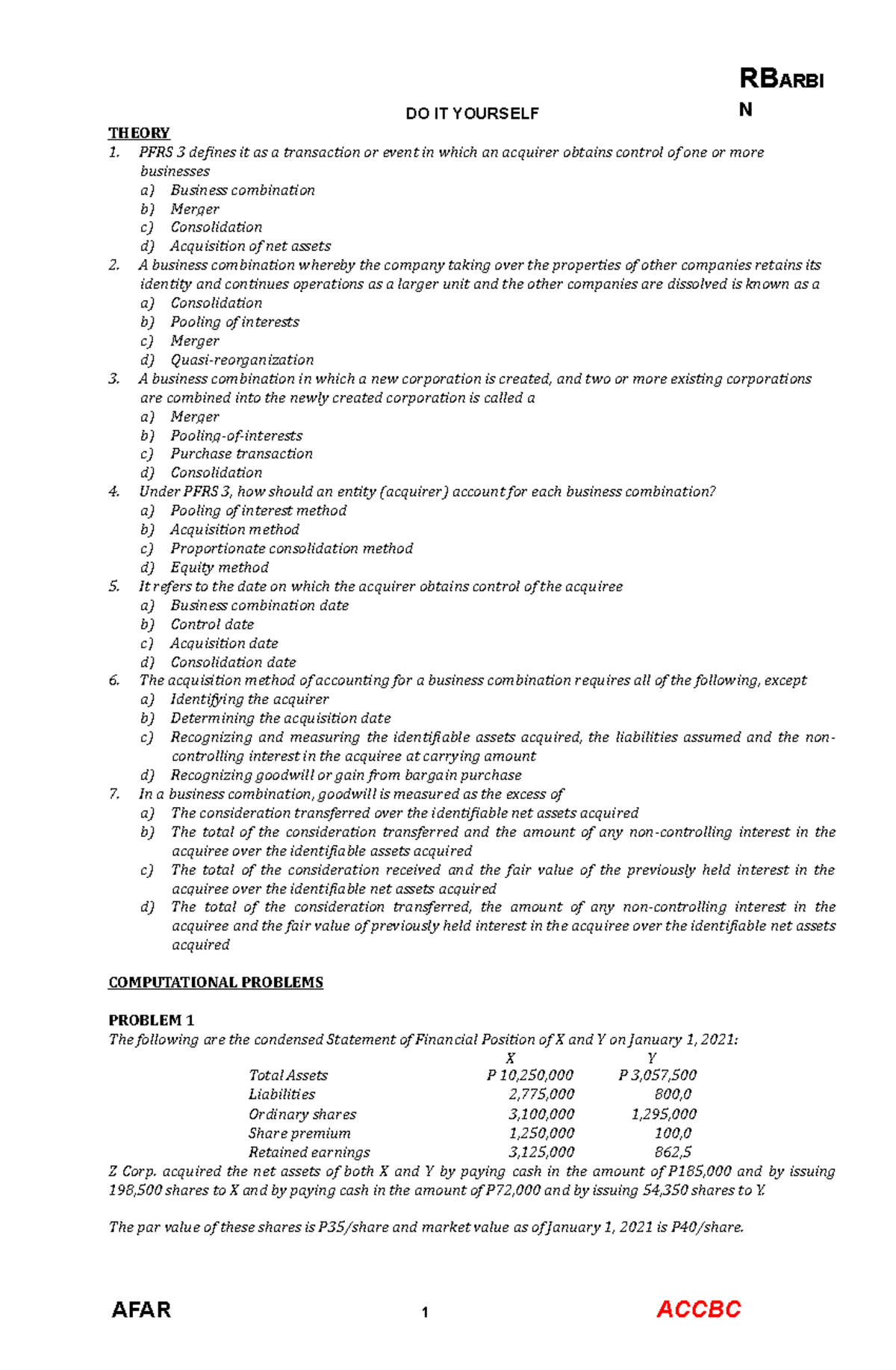 AFAR - Business Combination DATE OF Acquisiton-unlocked - Accountancy - AdDU - Studocu