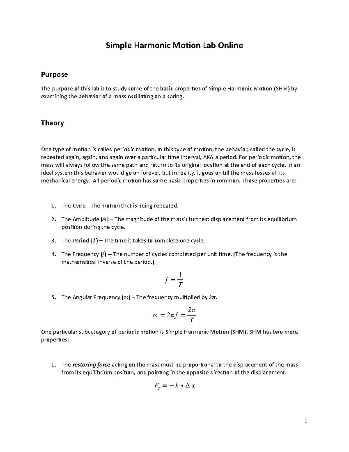 Fall2023 Simple Harmonic Motion EELab Online-1 - Simple Harmonic Mo/on Lab Online Purpose The ...