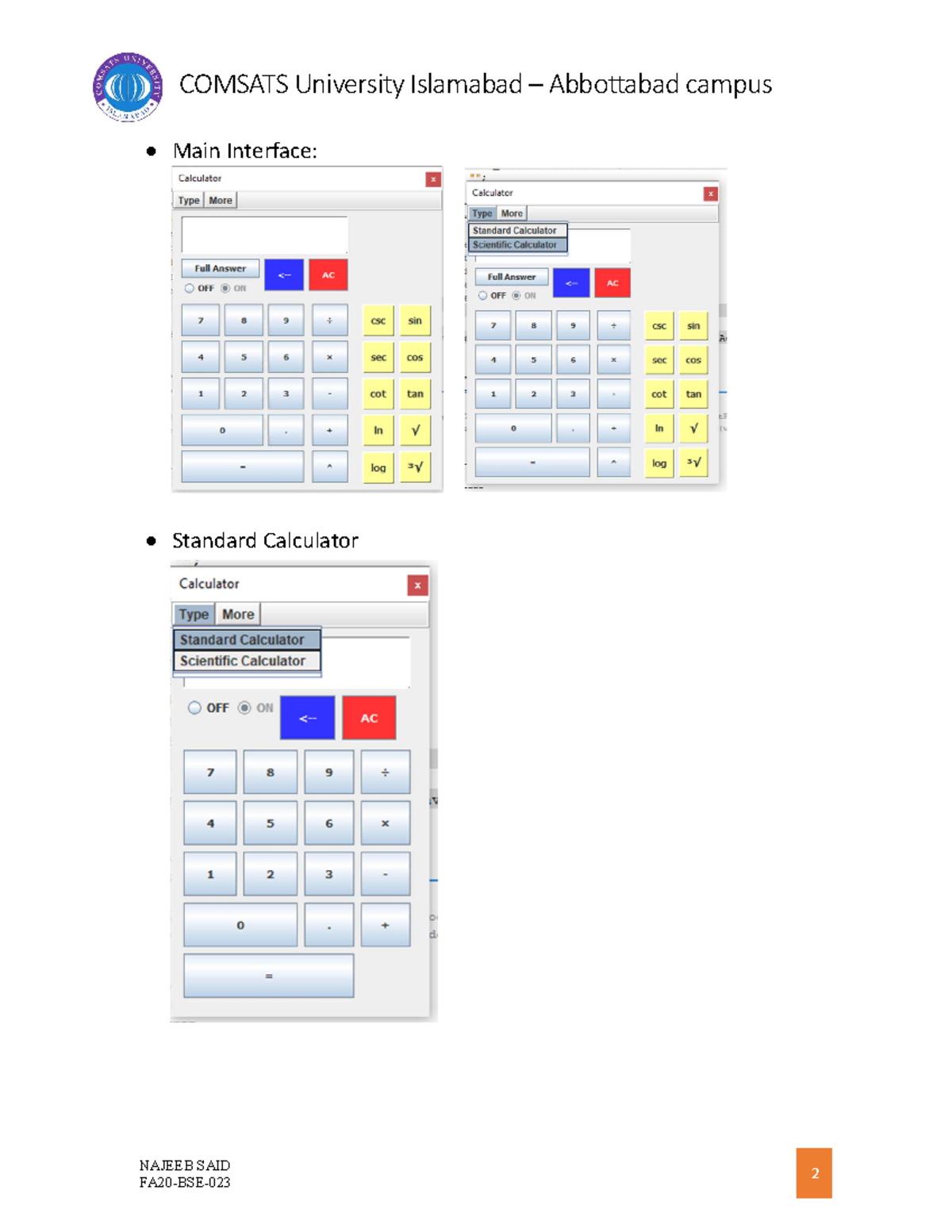 Oop A 2 Assignment Najeeb Said 2 Main Interface Standard Calculator Najeeb Said 3 About