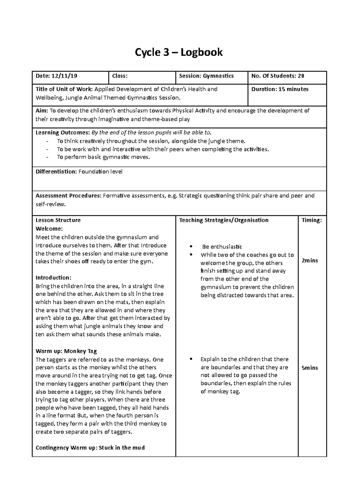 Cycle 3 Log Book - Date: 12/11/19 Class: Session: Gymnastics No. Of ...