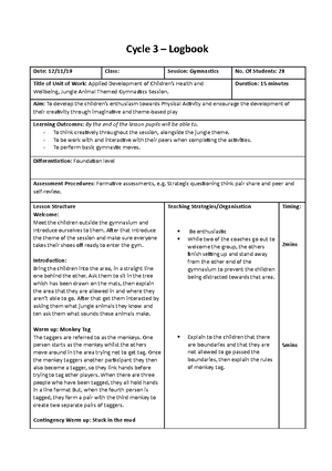 Log-Book 4 - log book 4 session plans - Date: 03/12/19 Class: Session ...