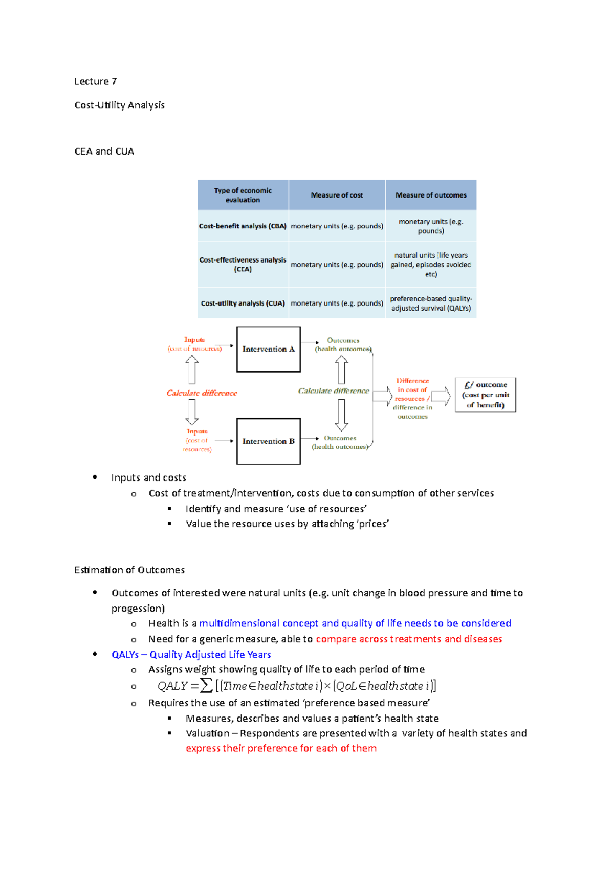 Lecture 7 Health Economics - Lecture 7 Cost-Utility Analysis CEA and ...