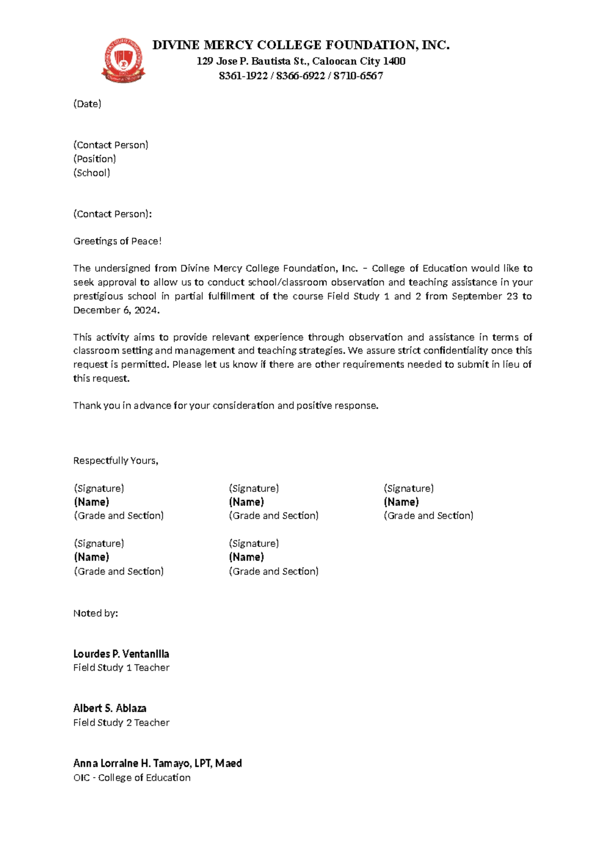 Letter-of-Request Observation - DIVINE MERCY COLLEGE FOUNDATION, INC ...