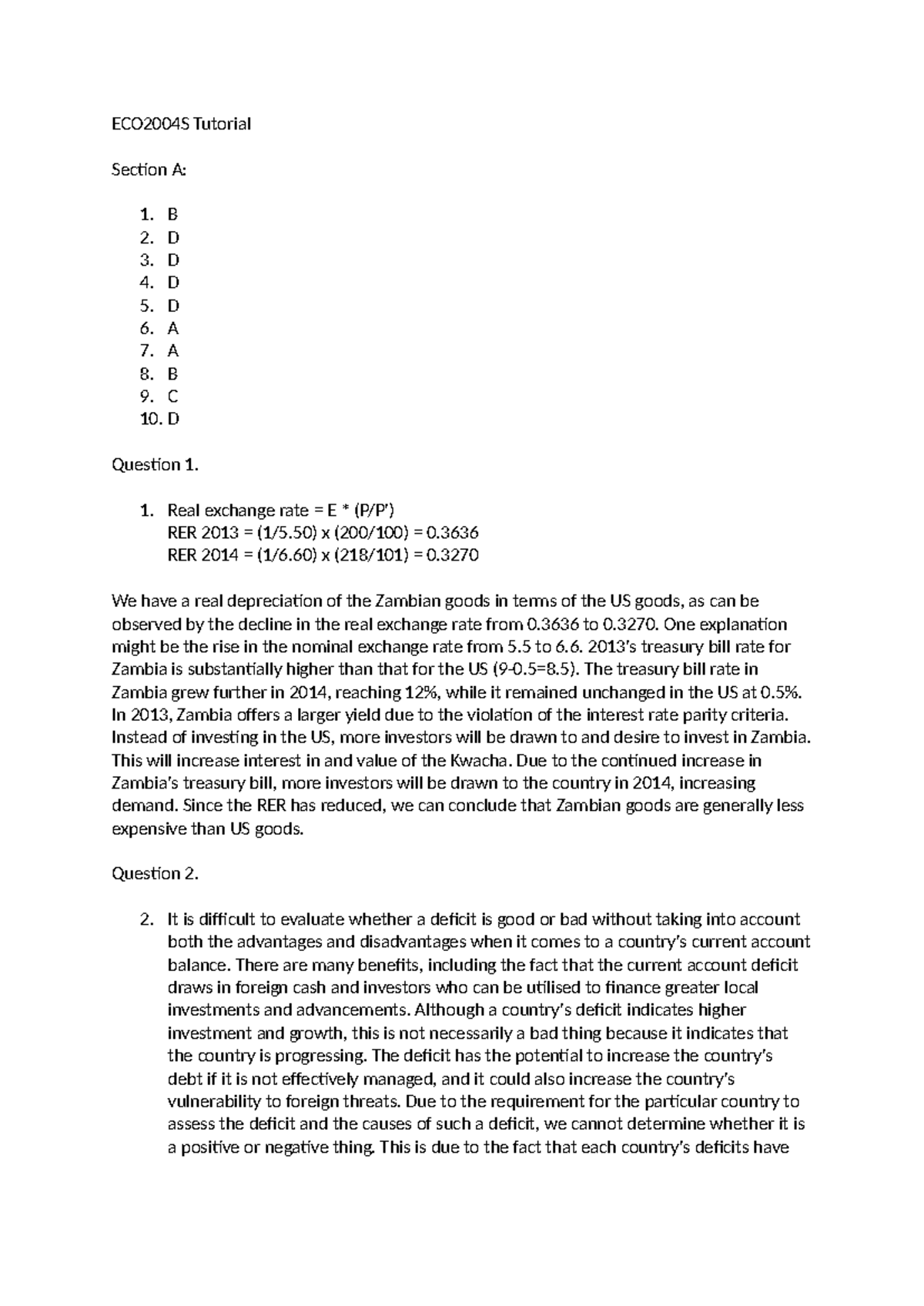ECO2004 S Tutorial 6 - TUT - ECO2004S Tutorial Section A: 1. B 2. D 3 ...