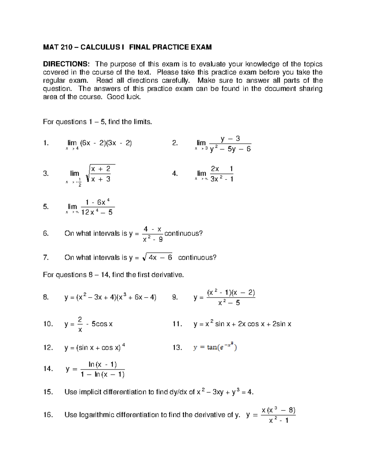 MAT 210 - Calculus I final practice exam - MAT 210 – CALCULUS I FINAL ...