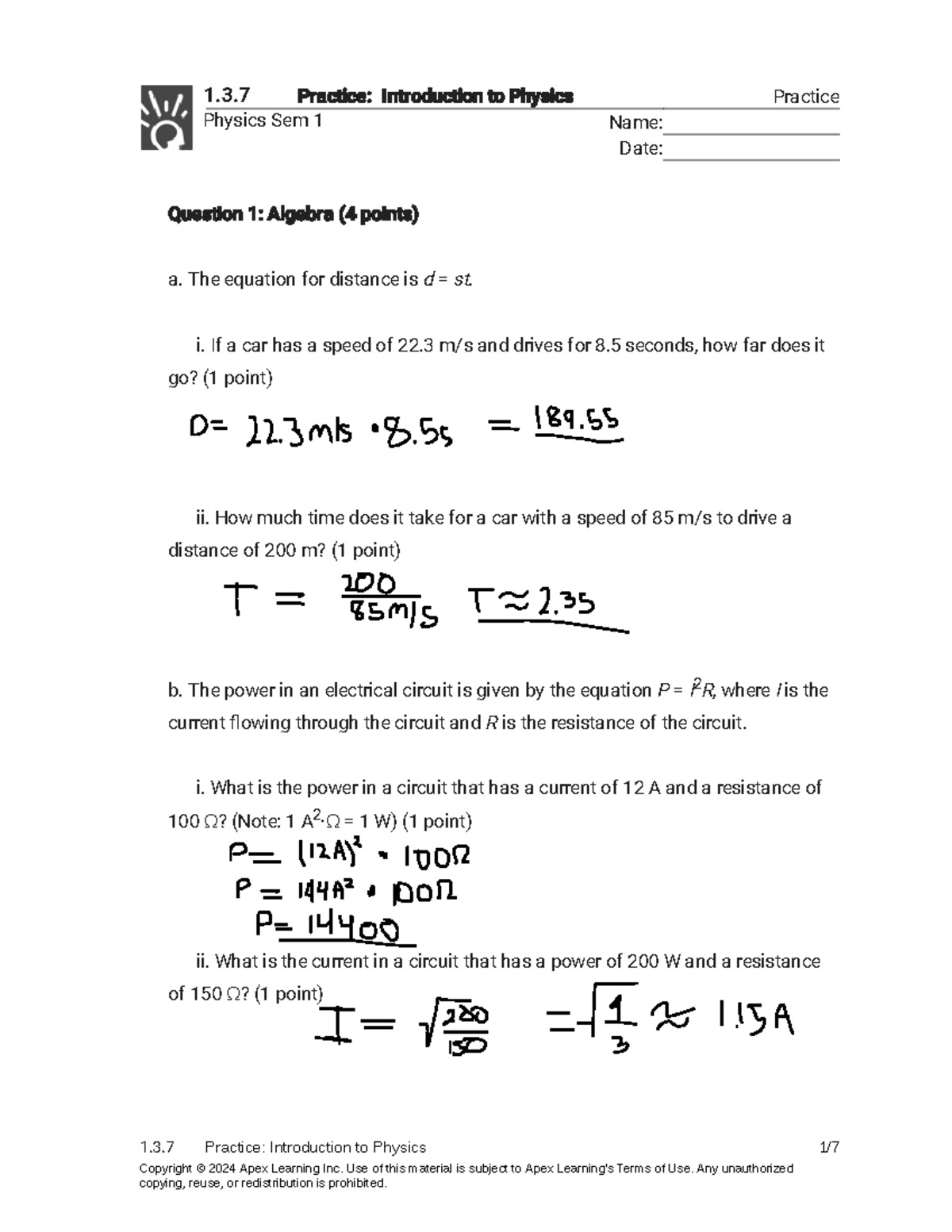 Kami Export - 1.3.7 Practice - Introduction to Physics (Practice) 1003007 P3E7bt KDC - Practice ...